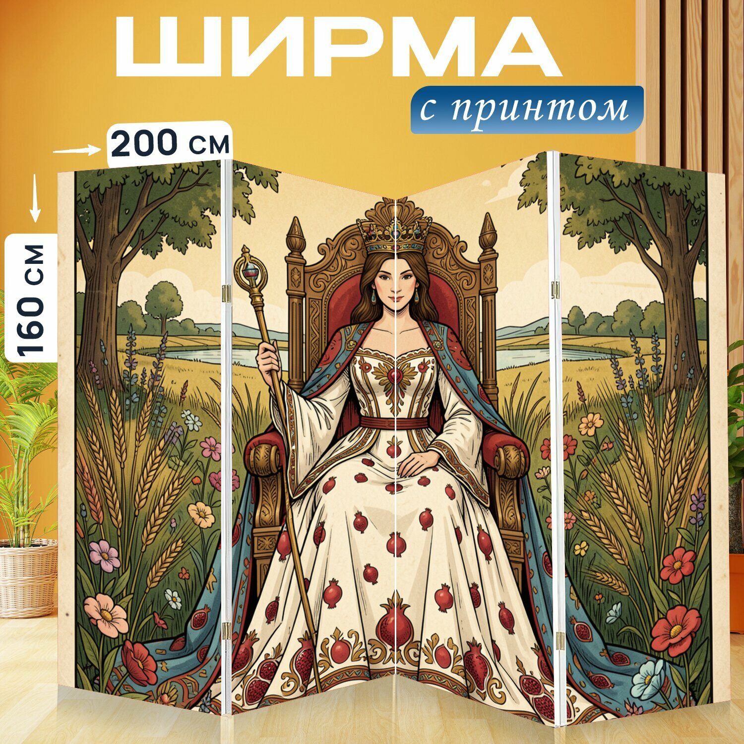 Ширма "Сказочная правительница на троне. Величественная девушка в короне и богатом одеянии сидит на резном." перегородка для зонирования комнаты с принтом 200x160 см. на холсте