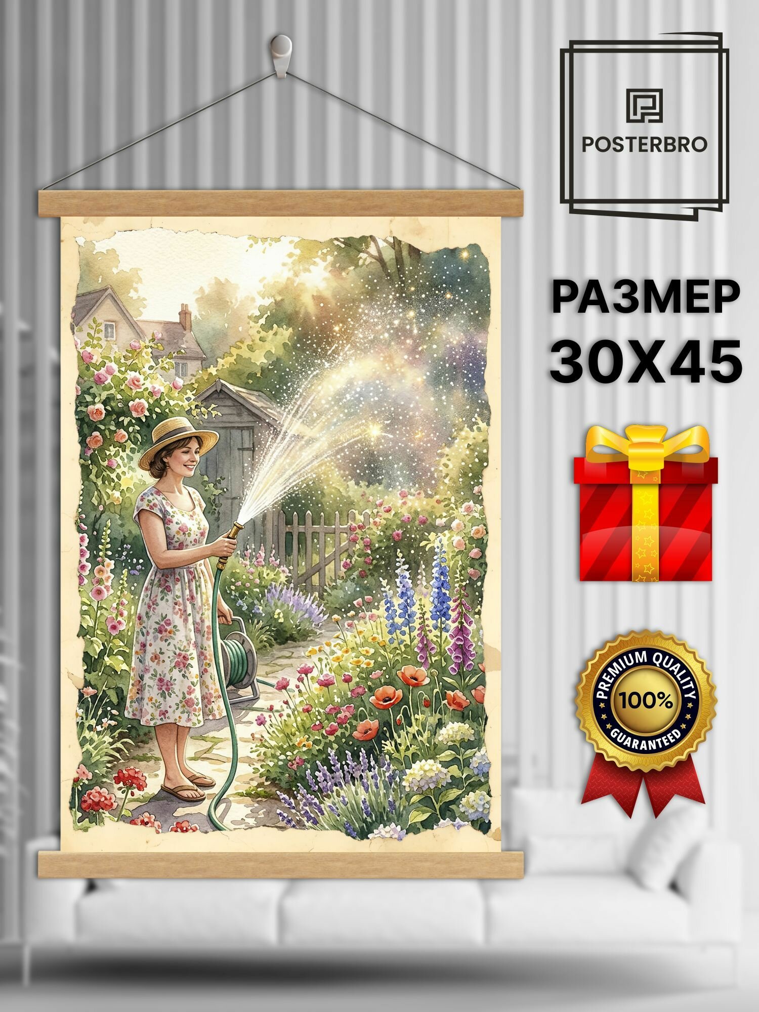Постер на стену Posterbro в рамке 30х45 "Утренний полив" интерьерный