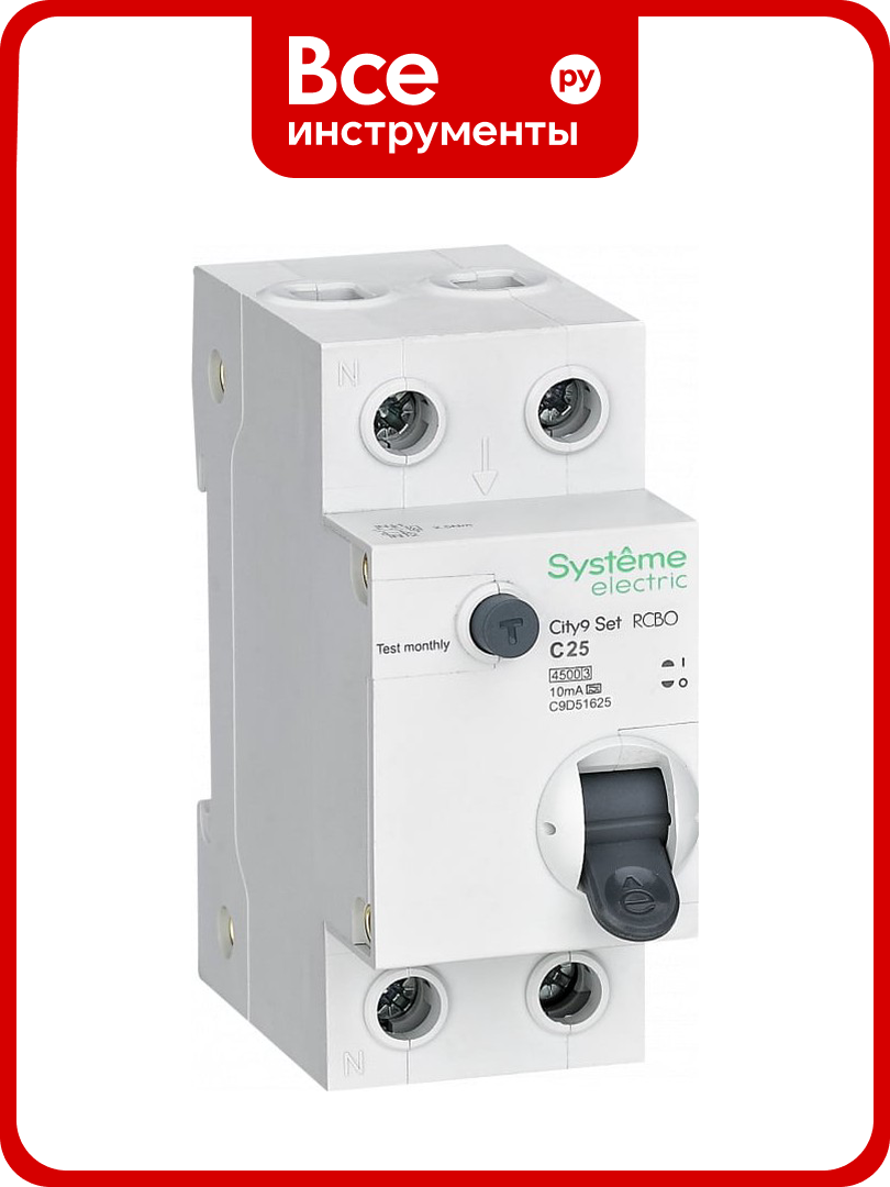 Автоматический выключатель дифференциального тока (АВДТ) Systeme Electric City9 Set 1P+N, хар-ка С, 25 А, 4.5 kА,