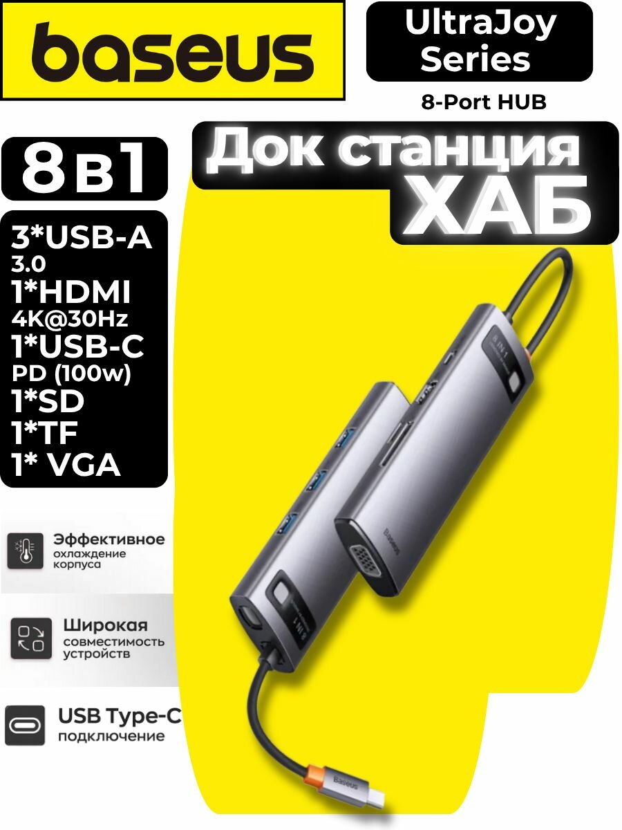USB разветвитель Хаб BaseusUltraJoy 8-в-1 type-c hub adapter / Адаптер / USB Концентратор / USB-Хаб / VGA, USB, HDMI, Type-C, SD, TF