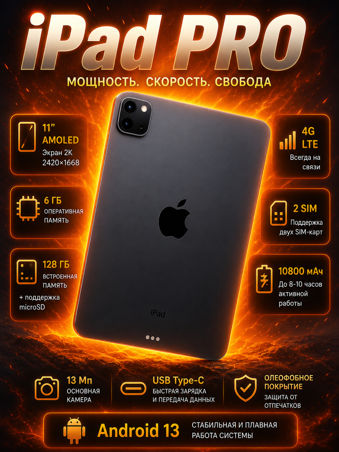Планшет iPad 11 Pro Android 13, 6/128 GB, Wi-Fi, Bluetooth, мощный планшет для учебы и игр