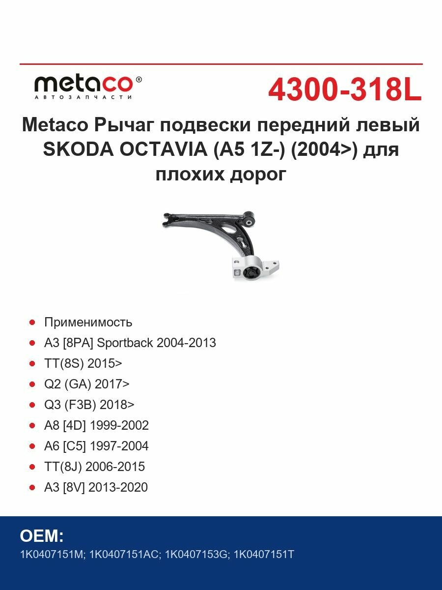 Metaco Рычаг подвески передний левый SKODA OCTAVIA (A5 1Z-) (2004>) для плохих дорог