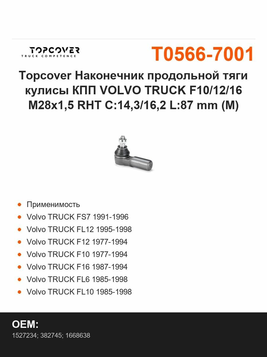 Topcover Наконечник продольной тяги кулисы КПП VOLVO TRUCK F10/12/16 M28x1,5 RHT C:14,3/16,2 L:87 mm (M)