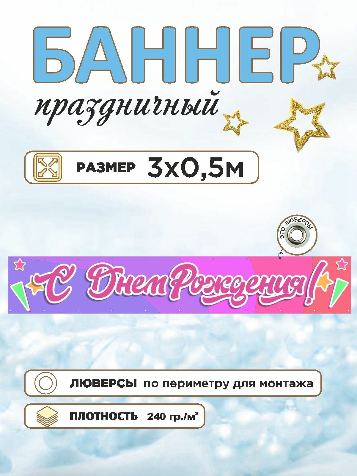 Баннер "С Днем Рождения" для праздника, юбилея 3 х 0,5 м