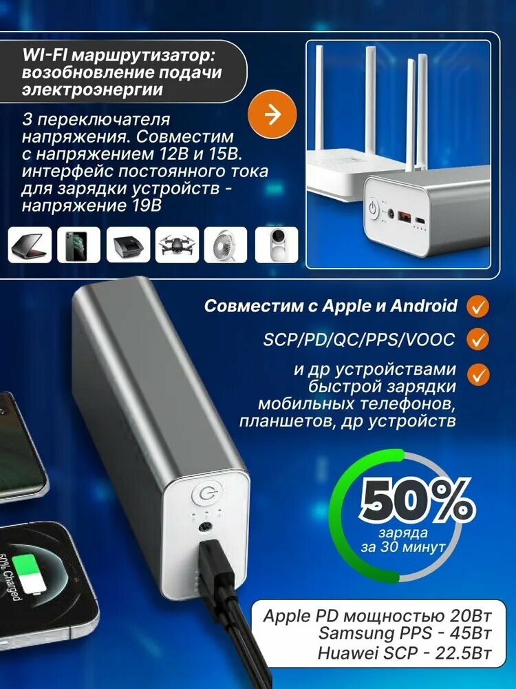 Внешний аккумулятор, 30 000 мА/ч, быстрая зарядка, серебристый
