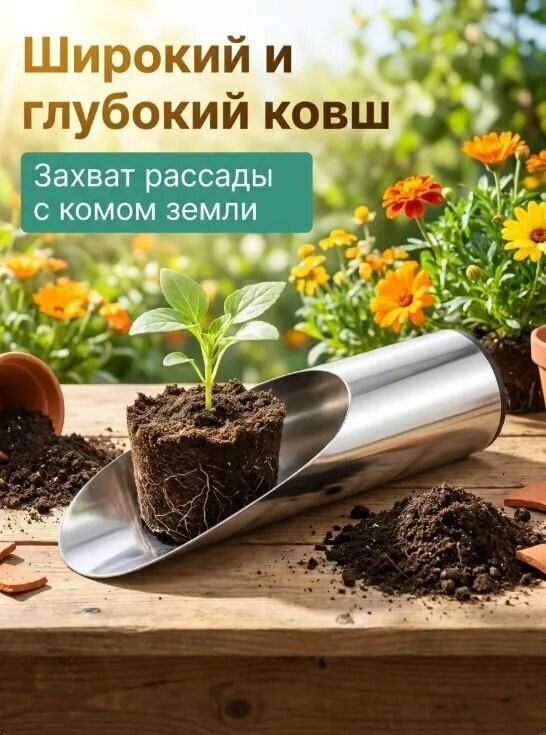 Совок садовый, Нержавеющая сталь, рукоять Без черенка, 8 см