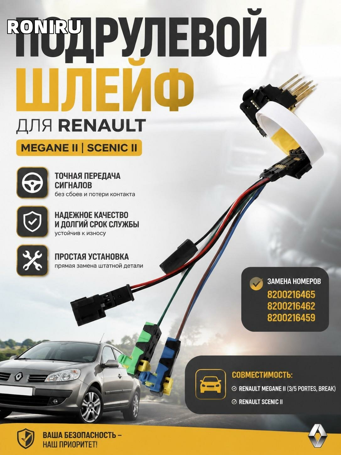 Подрулевой шлейф для Renault Megane II (3/5 Portes, Break) и Scenic II — шлейфовый провод замена 8200216465/8200216462/8200216459