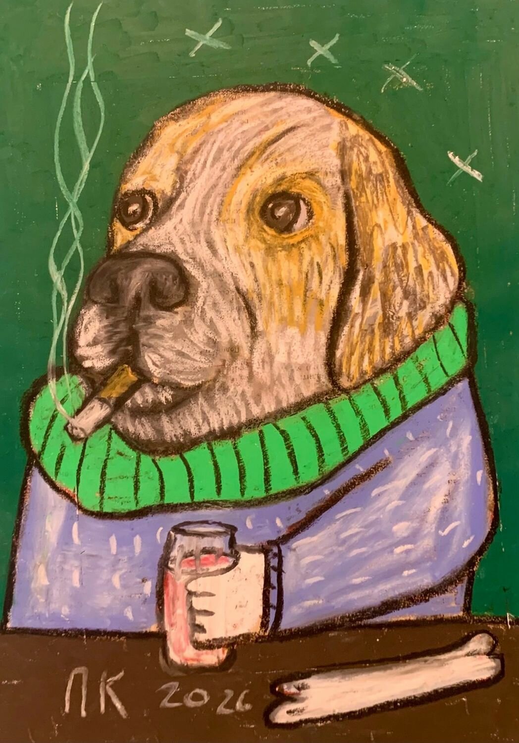 Авторский коллаж и рисунок пастелью на бумаге Курящая собака 109/ Smoking dog #109 (2026). Единственный экземпляр. Художник Павел Курагин. 21х29,7 см
