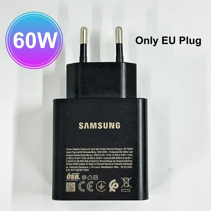Оригинальное Зарядное Устройство Samsung 60W PD Type-C Для Galaxy S26 S25 S24 S23 S22 Ultra Plus A16 A55 Z Fold 8 7 - Зарядит.