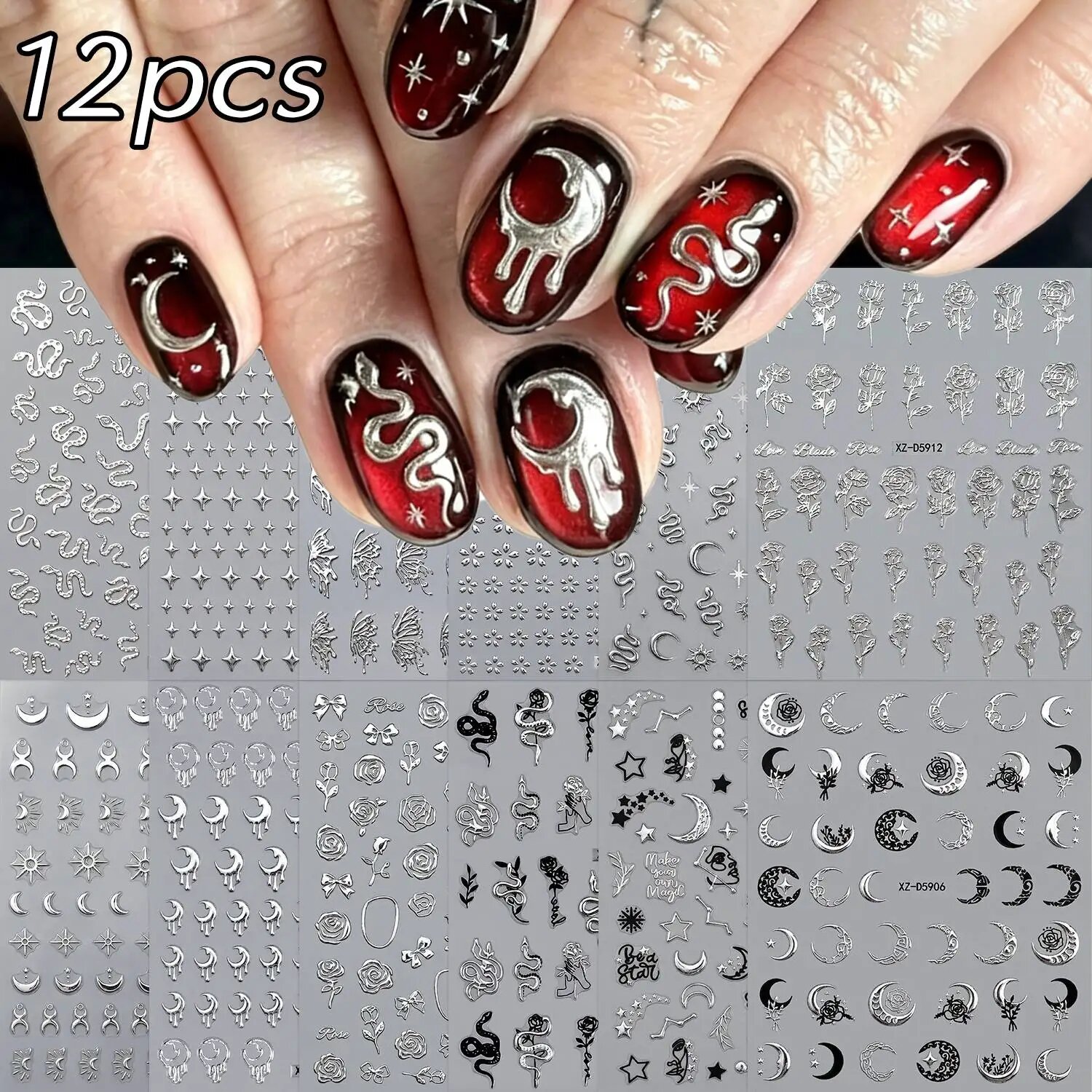 Серебряные наклейки для ногтей MAFANAILS "Пламенная роза", набор из 12 шт