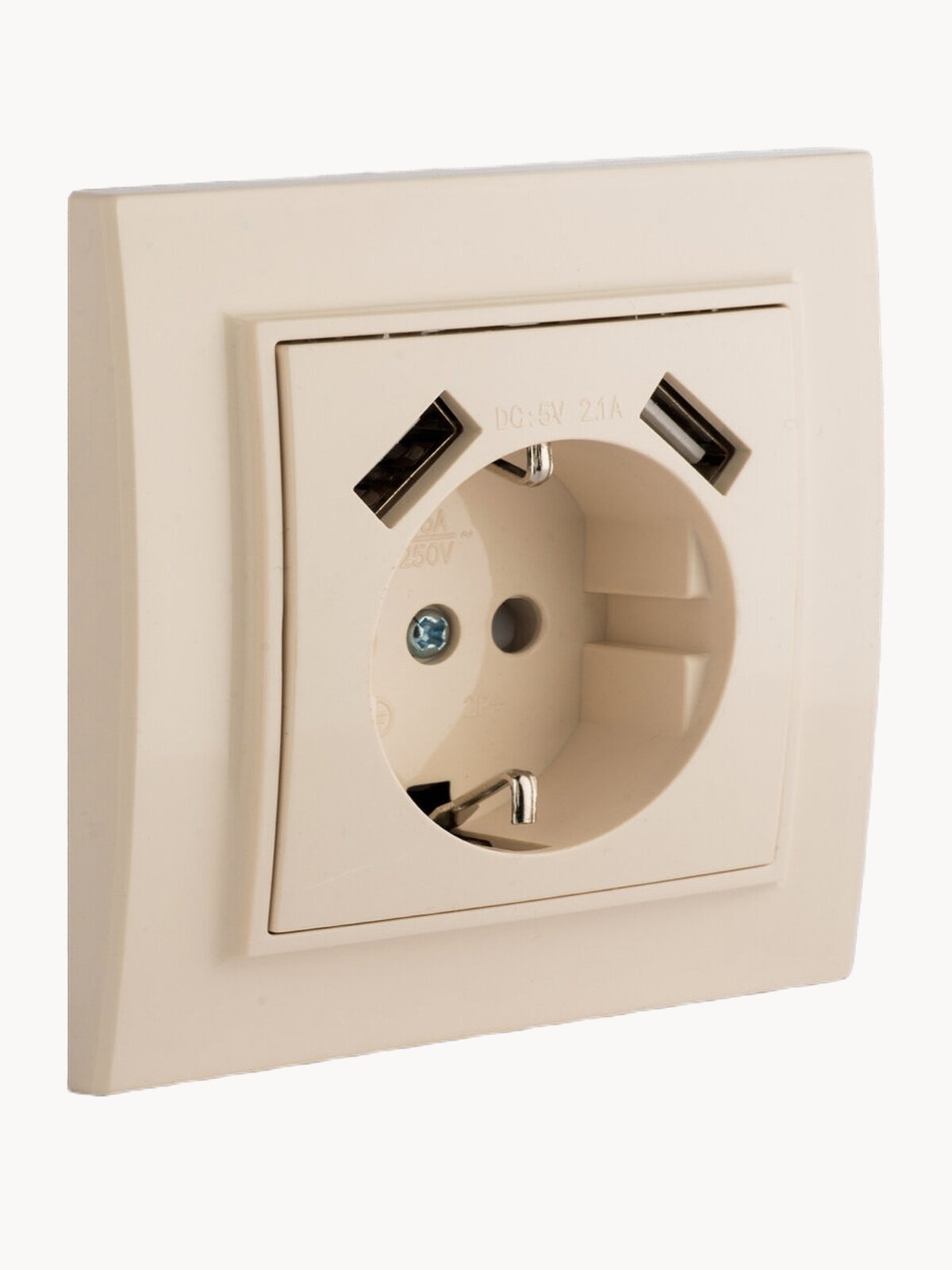 Розетка с 2 x USB EKF) СП Минск 2,1А одинарная (1-местная + 2 порта), с заземлением, с защитными шторками, 16А, бежевая
