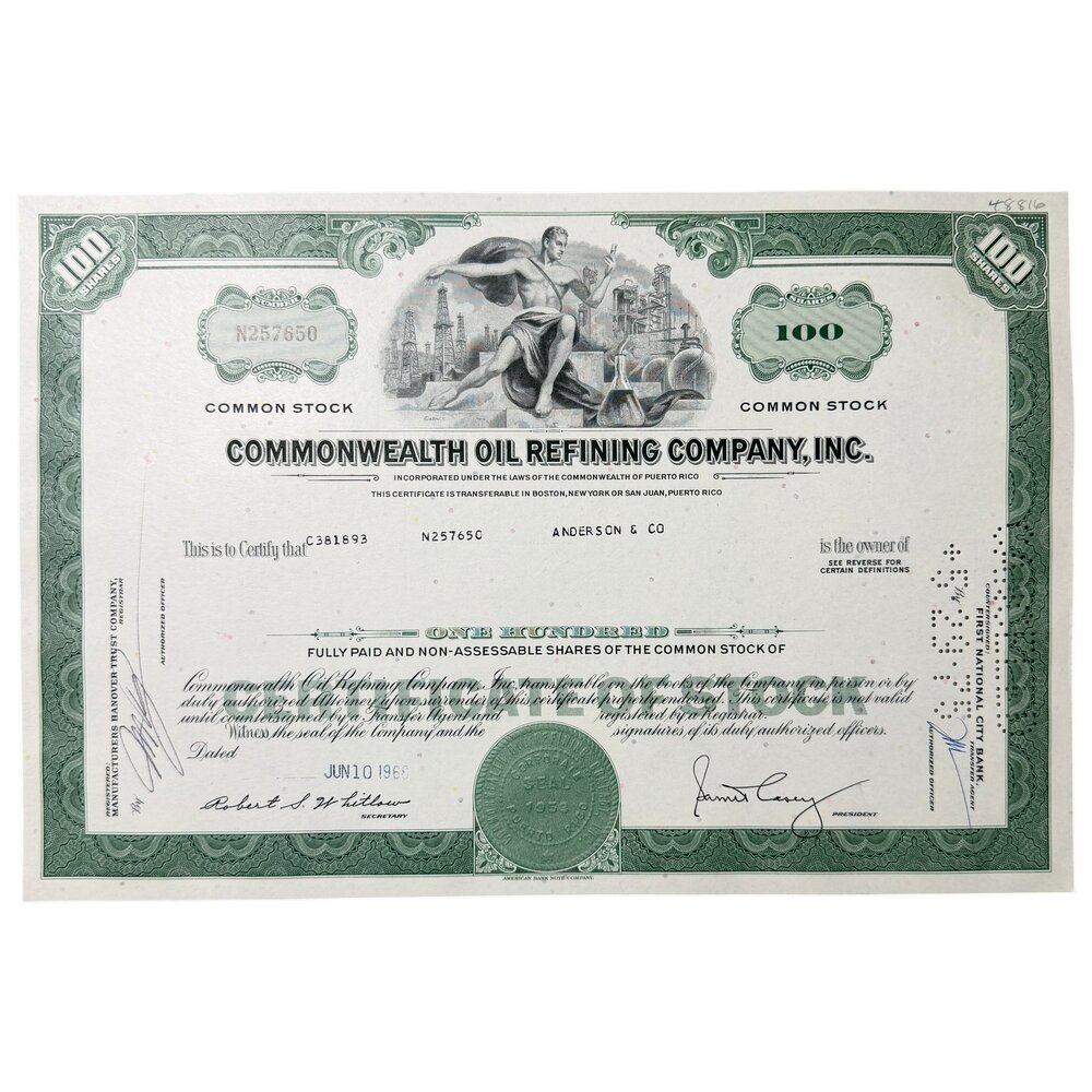 США, Commonwealth Oil Refining Company, сертификат на 100 акций 1966 г. (Серия N)
