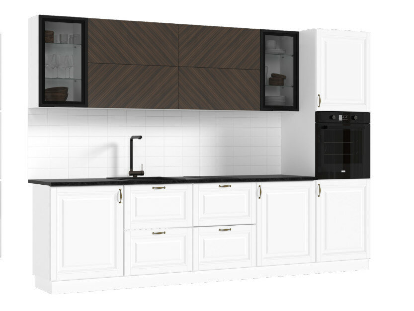 Кухня 3 метра прямая Престиж 3,0м (490) Компоновка №1 (Браш Вайт/Прайм орех, Белый (Кастилло темный))