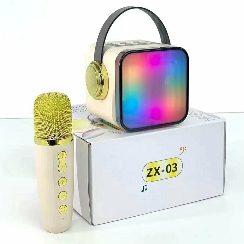 Портативная колонка с караоке микрофоном и ремешком, RGB экран, белая