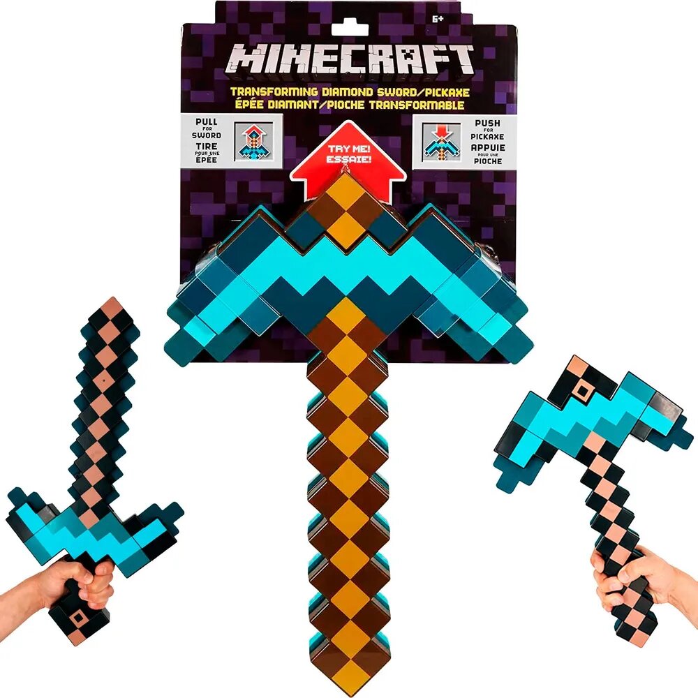 Кирка-меч-трансформер "Minecraft", 2 в 1, алмазный, мягкая пена, пиксельная упаковка