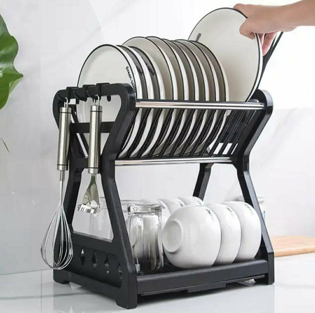 Сушилка для посуды "Настольная" двухъярусная с поддоном, черного цвета