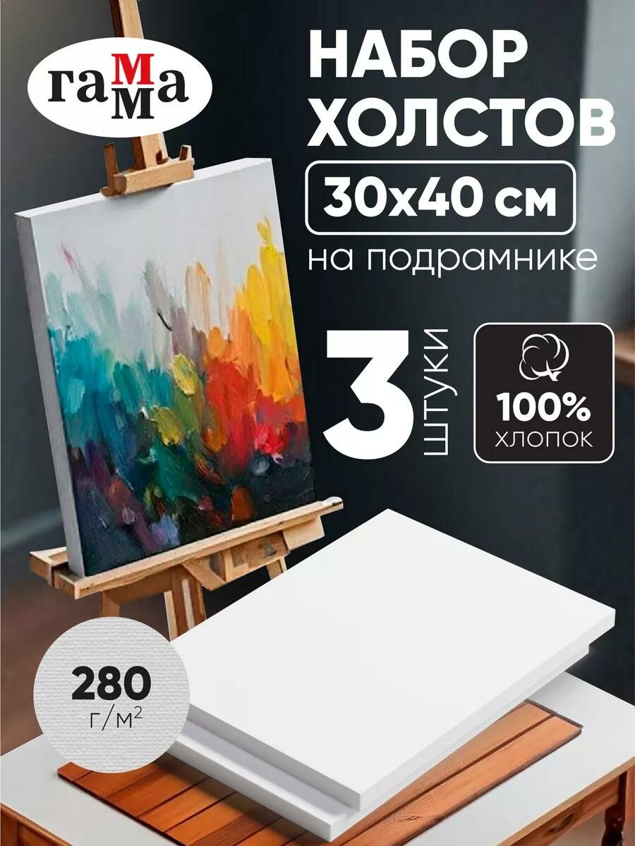 Холст на подрамнике 30х40 см, гамма, грунтованный, 100% хлопок, 3 штуки