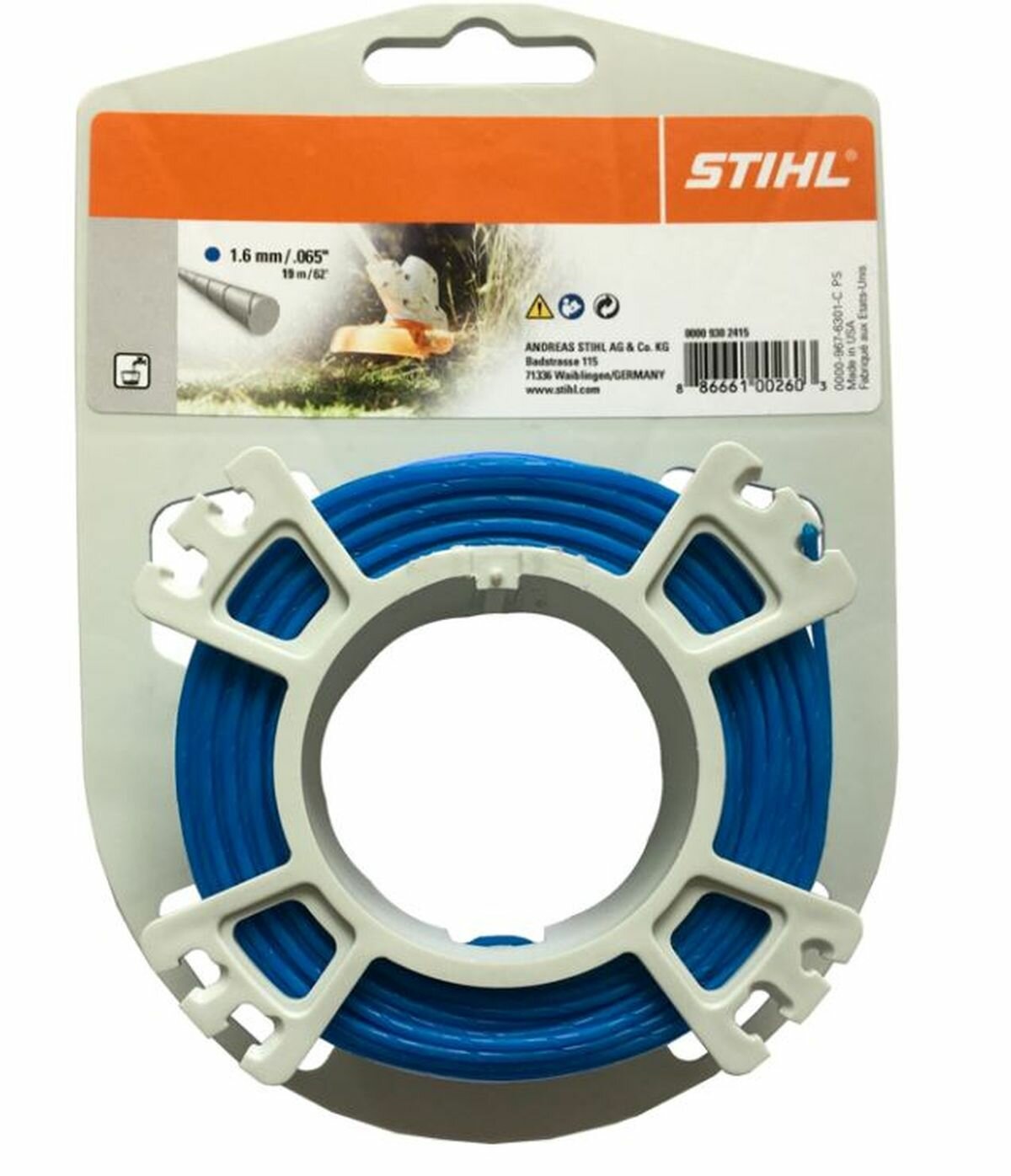 Леска триммерная круглого сечения STIHL 1,6 мм, 19 м, синяя, безшумная 0000 930 2415