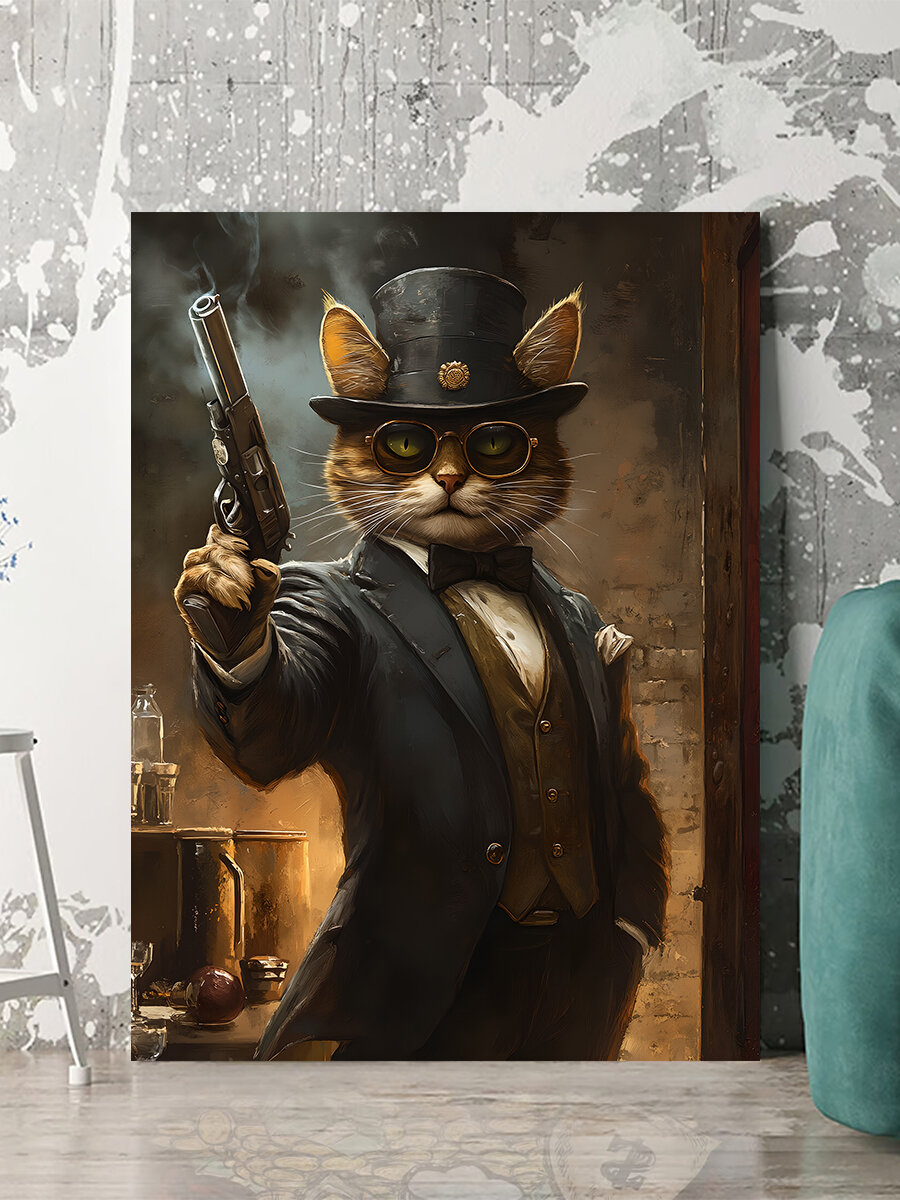 Картина интерьерная - "Брутальный кот, гангстеры, мафия", 60х80 см.