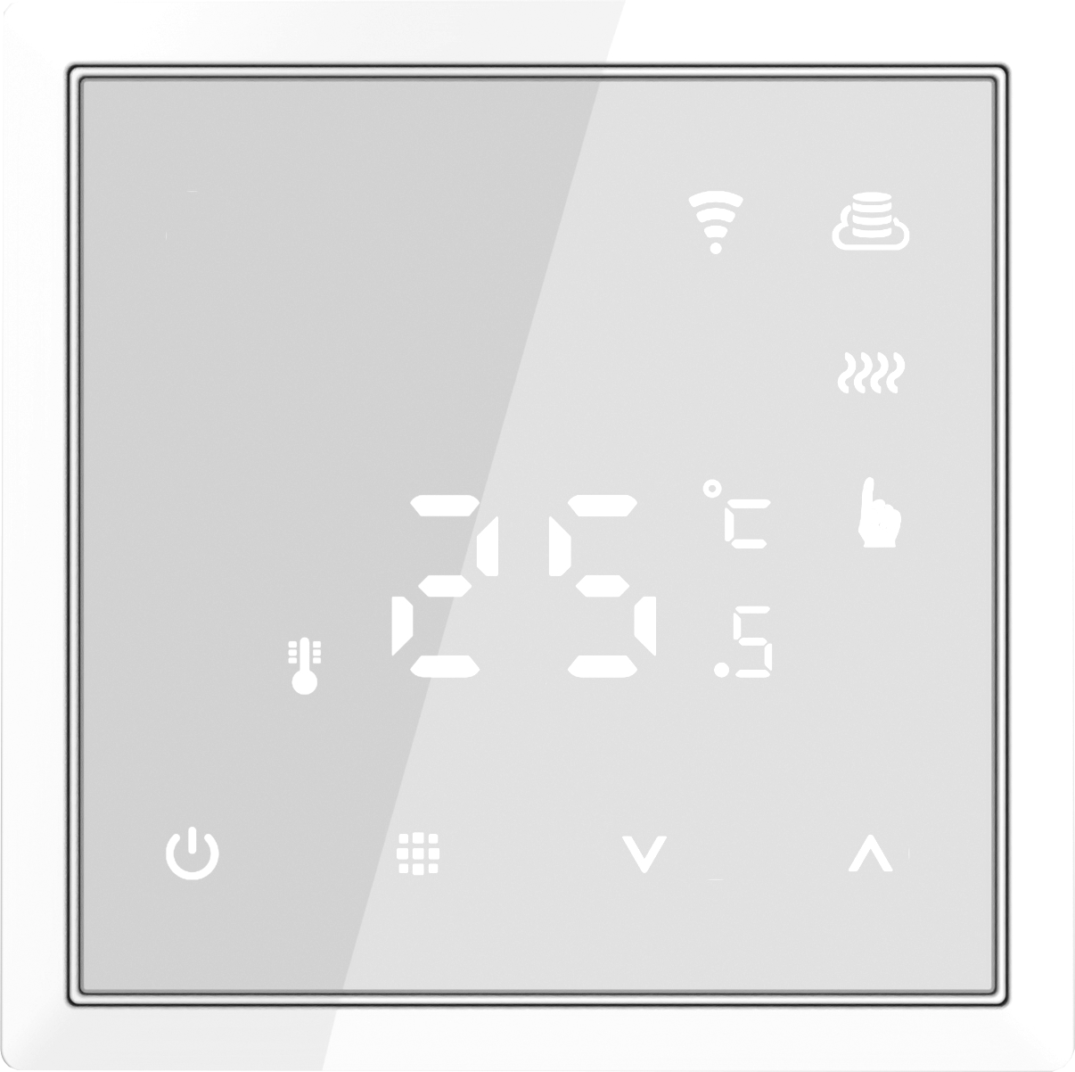 Термостат с датчиками пола и воздуха программируемый, 16A, накладка 70х70мм, без рамки R98, цвет стекло белое, Donel