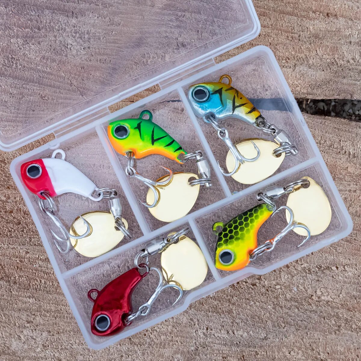 Тейл-спиннеры (5 шт.) 5 гр. (Длина с лепестком 4,7см.) Набор в пластиковом кейсе. Tail Spinner / Блесна / Воблер / Приманка снасть для спиннинга