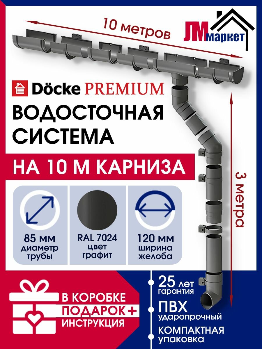 Водосток для крыши дома Docke Premium, 10 м/3 м, RAL 7024, цвет графит, водосточная система пластиковая