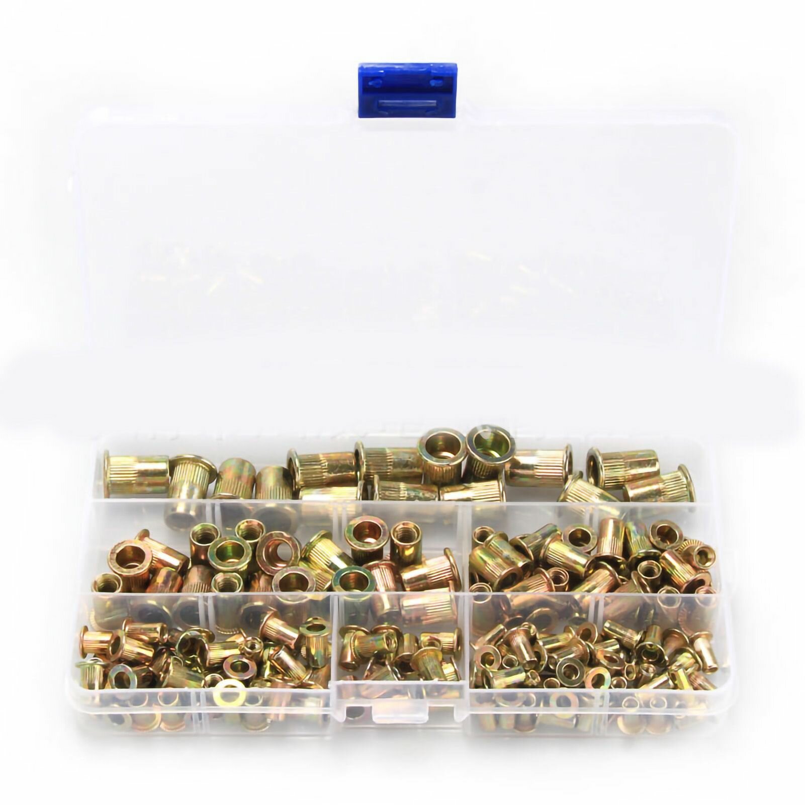 165 шт. заклепки-гайки в ассортименте, цветное цинкование, гайки-вставки с плоской головкой и резьбой M3 M4 M5 M6 M8