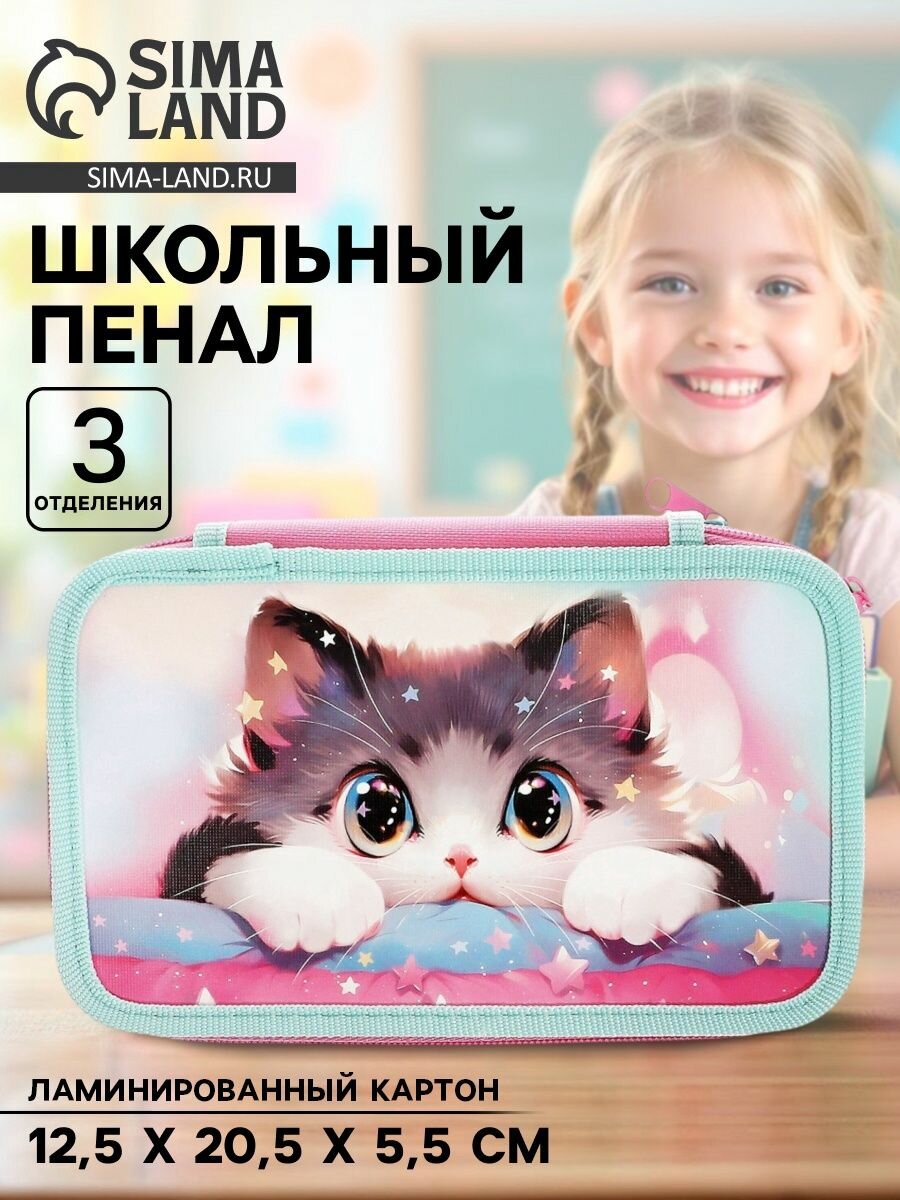 Пенал 3 секции, 125 205 55 мм, Кот Корея , ламинированный картон