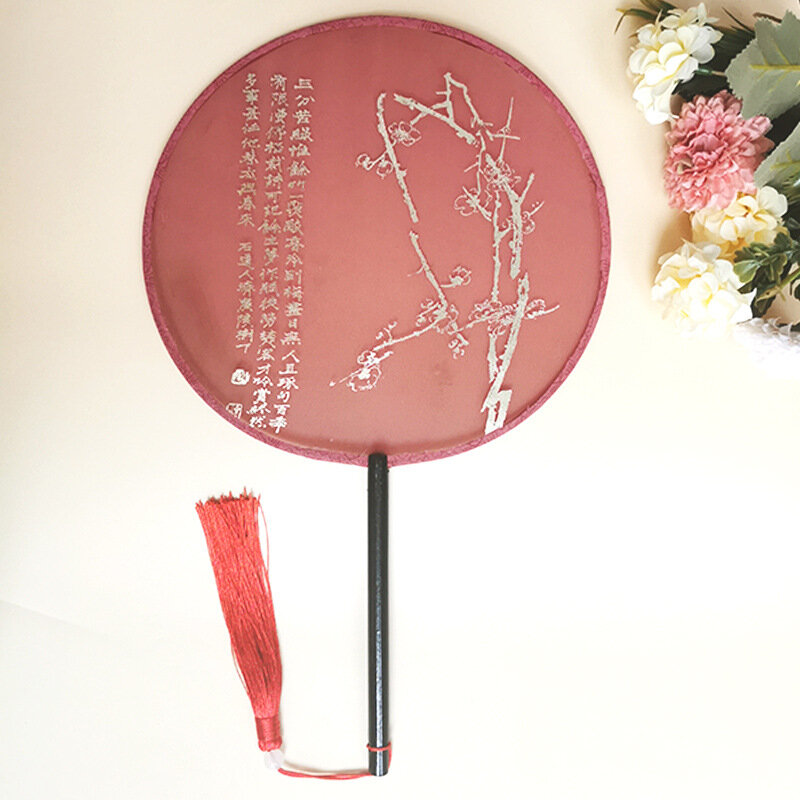 Веер "Танец вееров", шелковая ткань, круглый, китайский стиль, бордовый