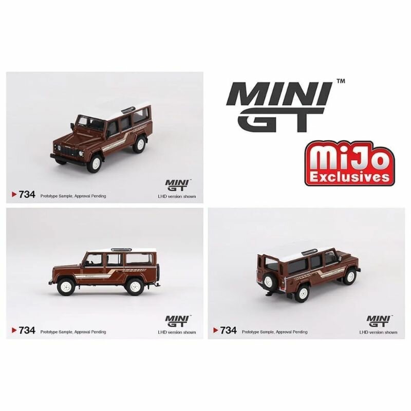Машинка Mini GT 1/64 Land Rover Defender 110 1985 County Station Wagon Russet Brown USA Blister Packaging