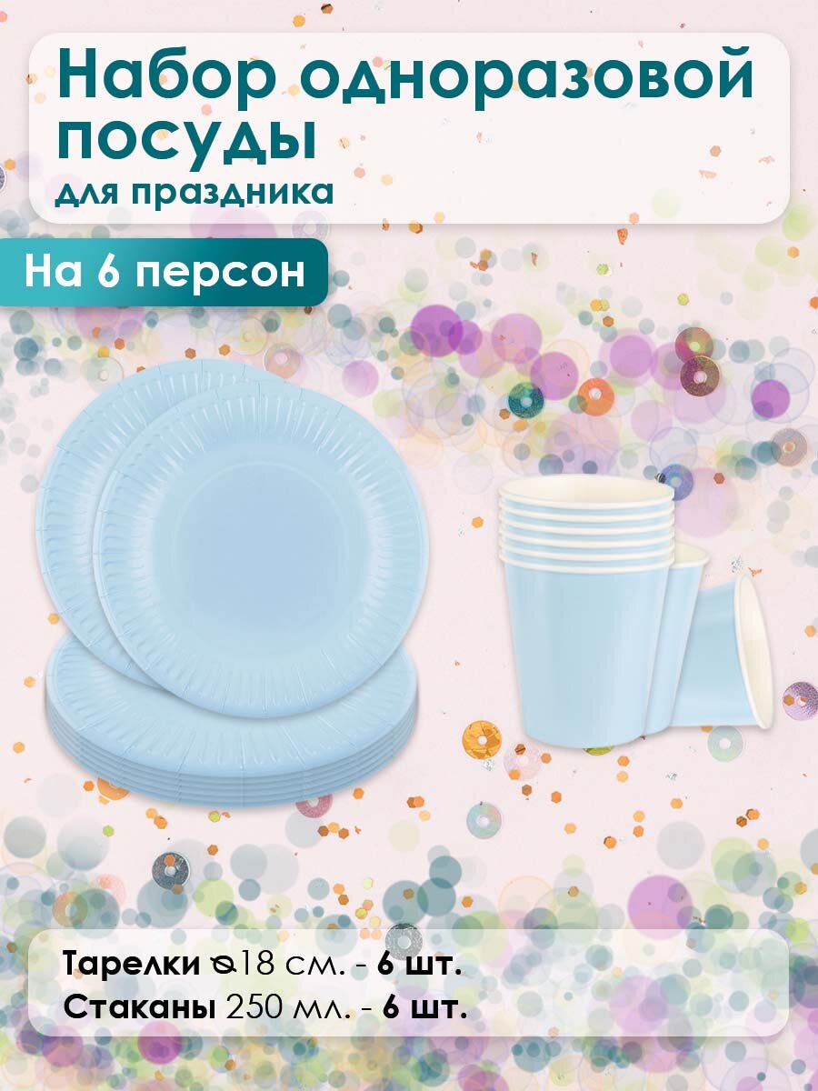 Набор одноразовой посуды для праздника голубой, однотонный, на 6 персон
