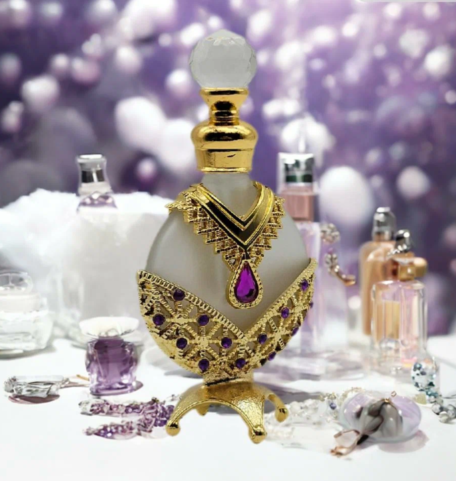 Флакон для масляных духов Hareem Sultan 12 мл, золотой -фиолетовый, металл, стекло, камни