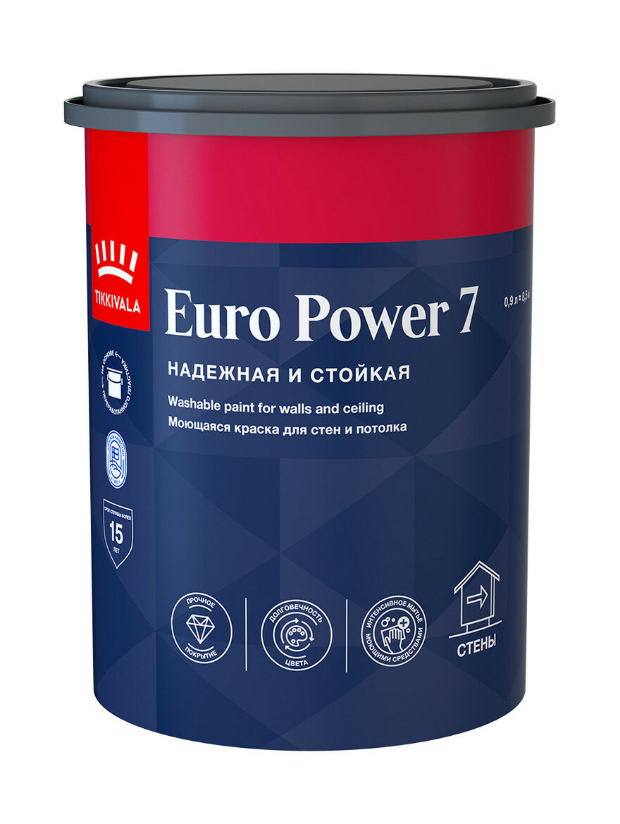Краска Tikkivala Euro Power 7 интерьерная, стойкая к мытью, база A, матовый, 0,9 л