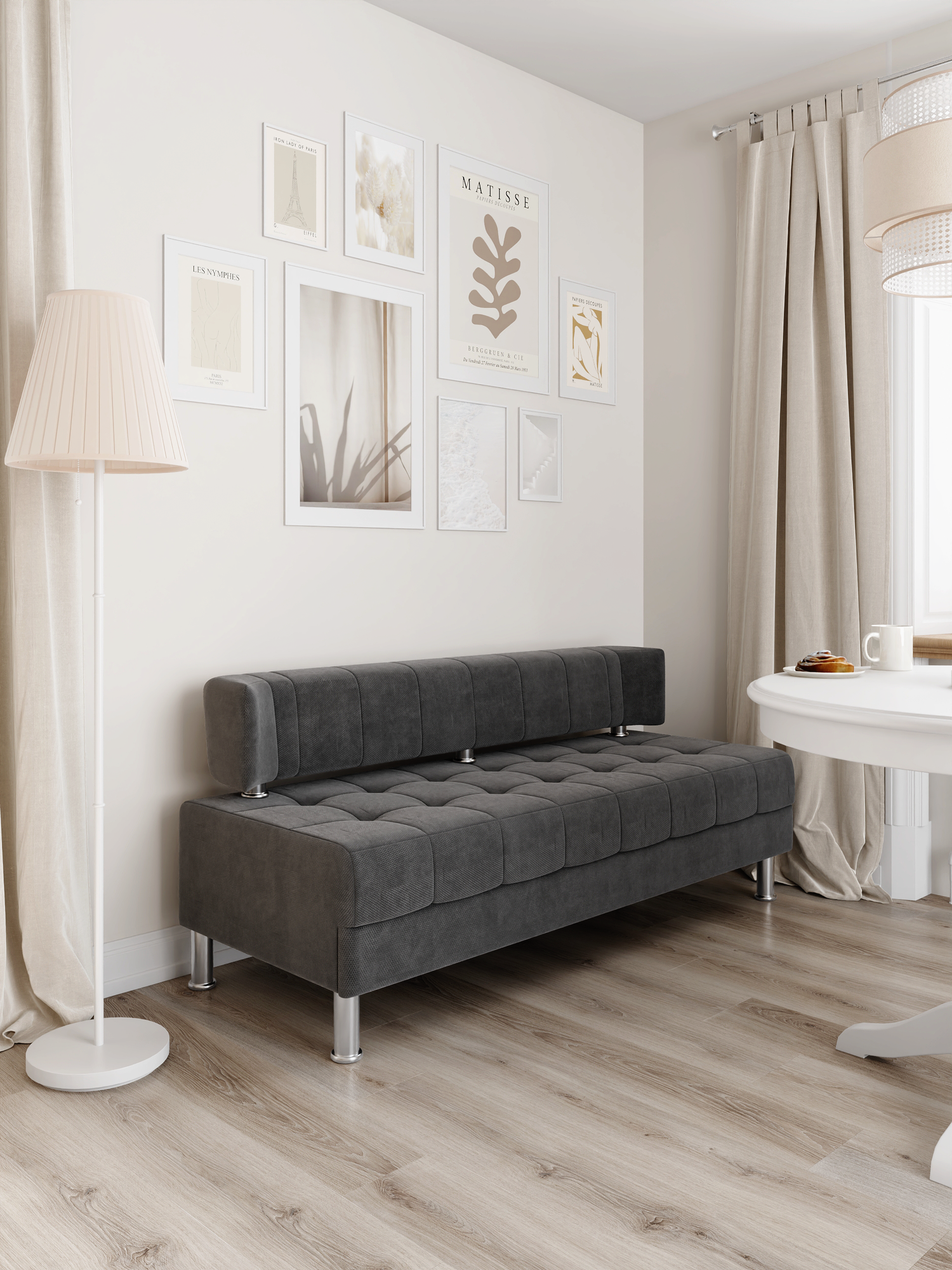 Диван прямой прага 170х67х77 см, нераскладной, серый плюш-велюр