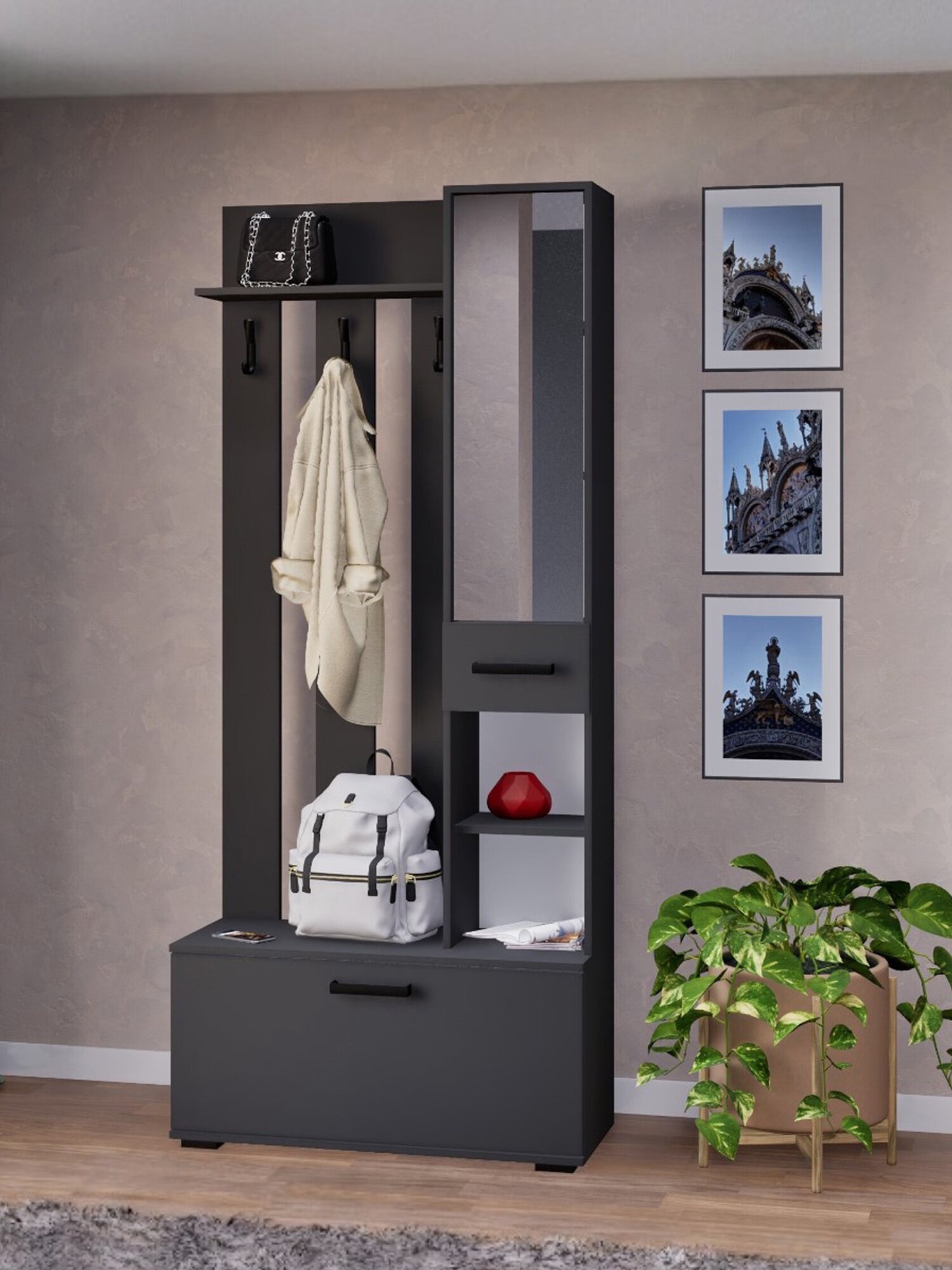 Прихожая «Nika», с зеркалом, 910×354×2035 мм, цвет серый/графит гладкая