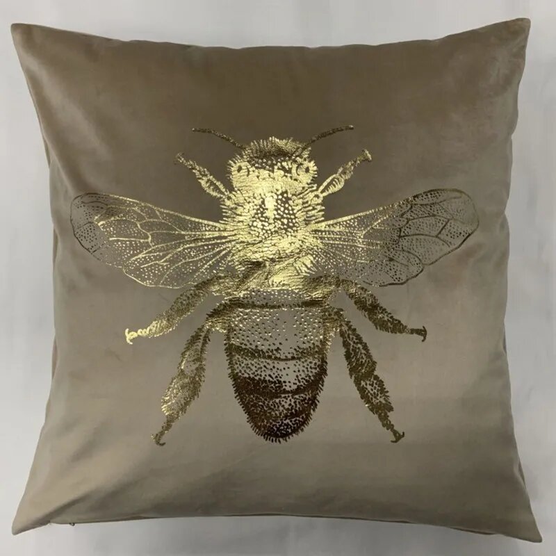Бархатная подушка с пчелой, золотое тиснение, 43x43 см 43х43см, BEIGE