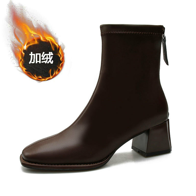 MOOCIE Женские короткие сапоги на высоком толстом каблуке, новый стиль 2025 года, сапоги из мягкой кожи, белые, французские, с квадратным носком, осенне-зимние, плюс бархатные, узкие сапоги средней длины