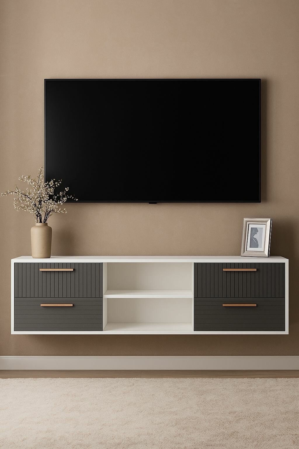 Тумба под телевизор Копенгаген с полками подвесная ЛДСП Белый шагрень/ МДФ Серый графит 150х40x50