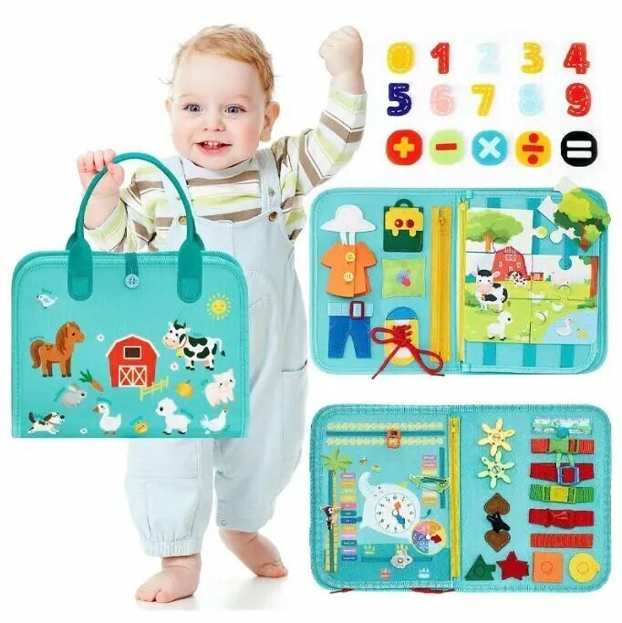 Бизиборд мягкий дорожный; Занятая доска Монтессори, Сенсорная игрушка для малышей, Развивающие игры для развития мелкой моторики рук, подарок для мальчиков и девочек