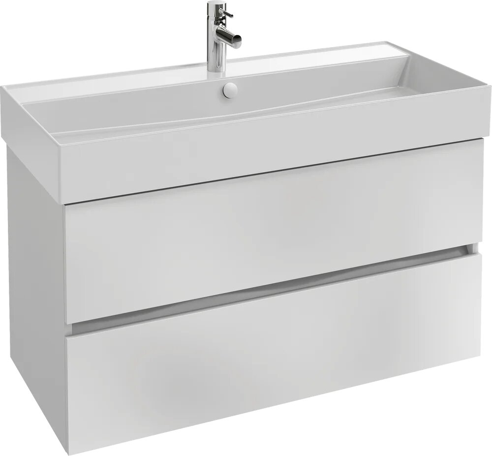 Тумба с раковиной Jacob Delafon Tolbiac 100 подвесная, 101 см, белая, глянцевая, из МДФ, с ящиками, раковина для ванной фарфоровая, прямоугольная, встроенный слив-перелив