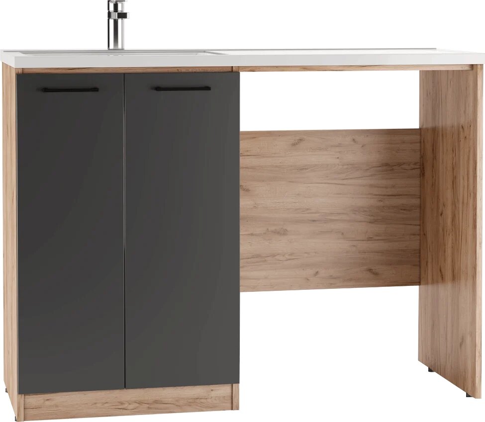 Тумба под раковину без столешницы Домино Craft 120 напольная, серая, светлое дерево, матовая, из МДФ, тумба для ванной, с бельевой корзиной, с дверками