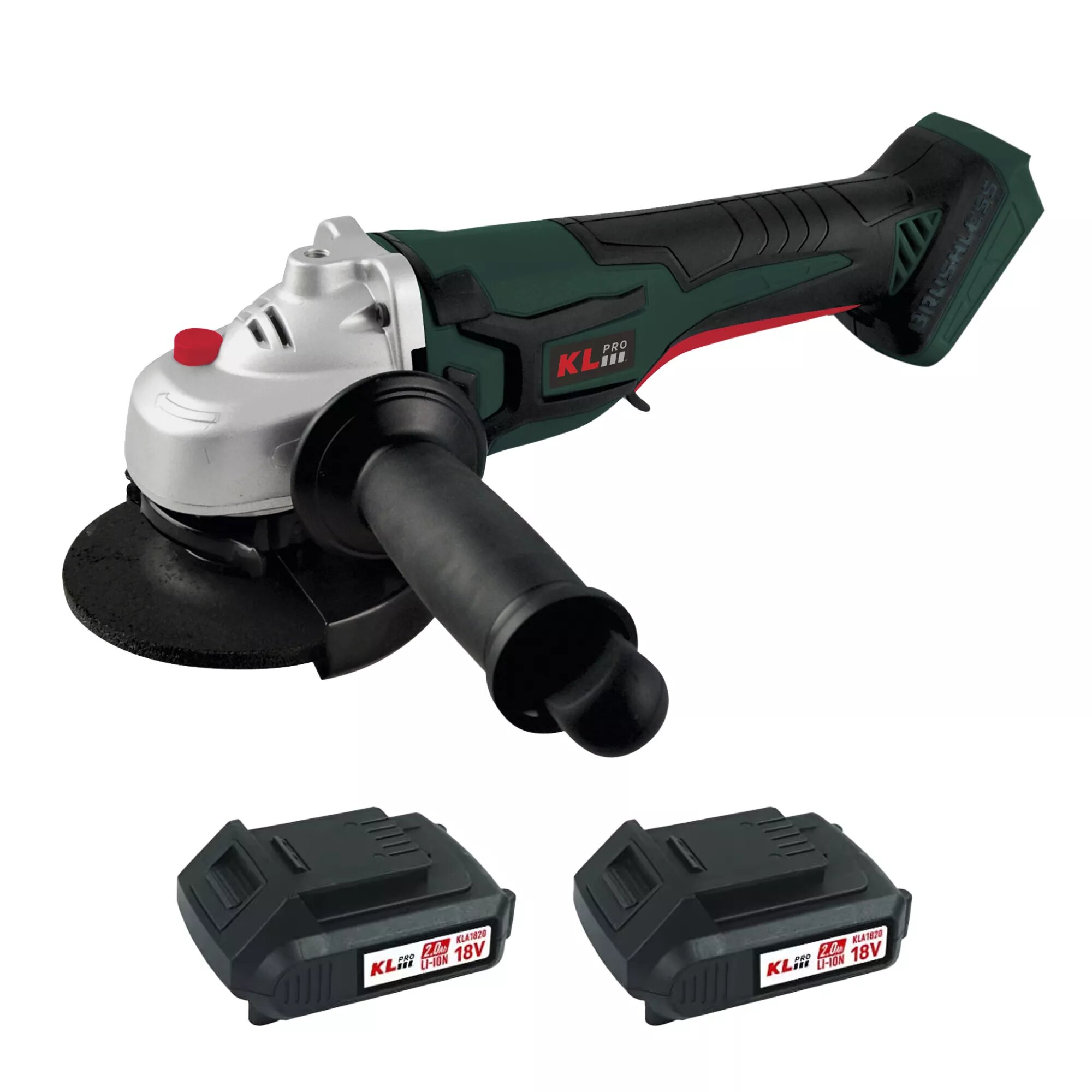 Профессиональная бесщеточная ушм (болгарка) аккумуляторная KLPRO KLAT18B-20 (18В, Li-ion-2шт, 2.0Ач, 115мм, М14, 8500 об/мин З/У, сумка)
