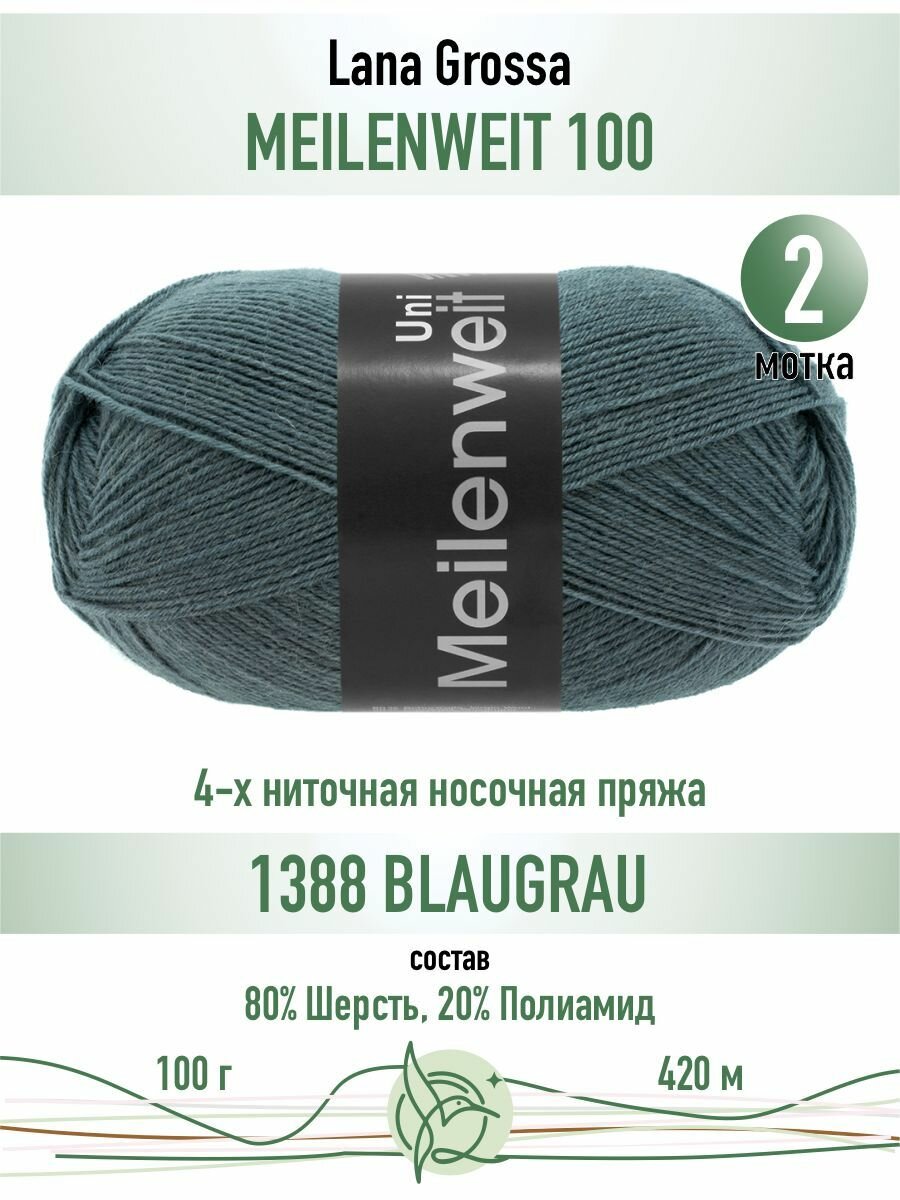 Носочная пряжа Lana Grossa Meilenweit 100 (1388 Blaugrau) 2 мотка по 100 г/420 м