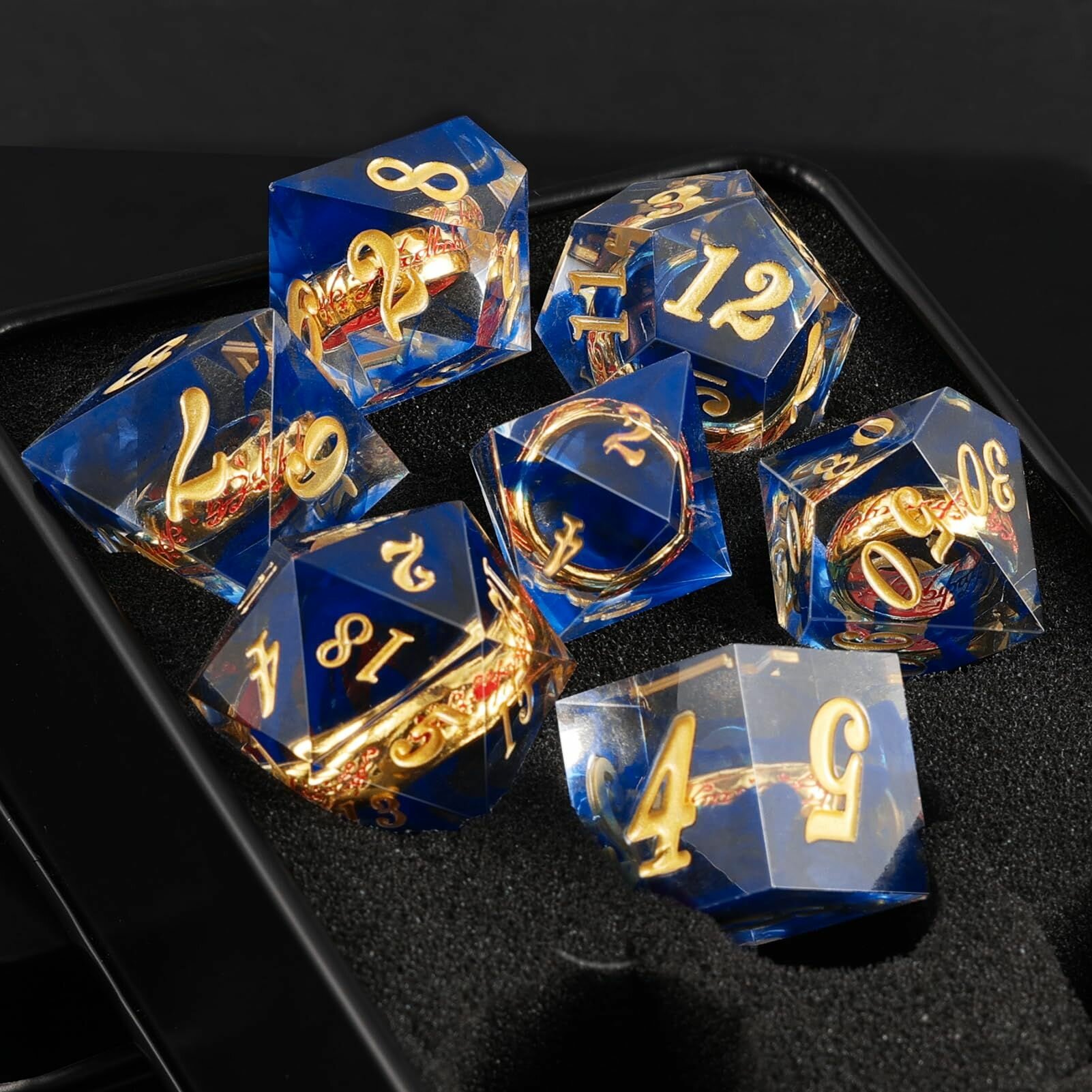 Кубики ДнД с кольцом: Синие дайсы для Dungeons & Dragons, набор из 7 кубиков для DnD, кости игральные из смолы с острыми гранями