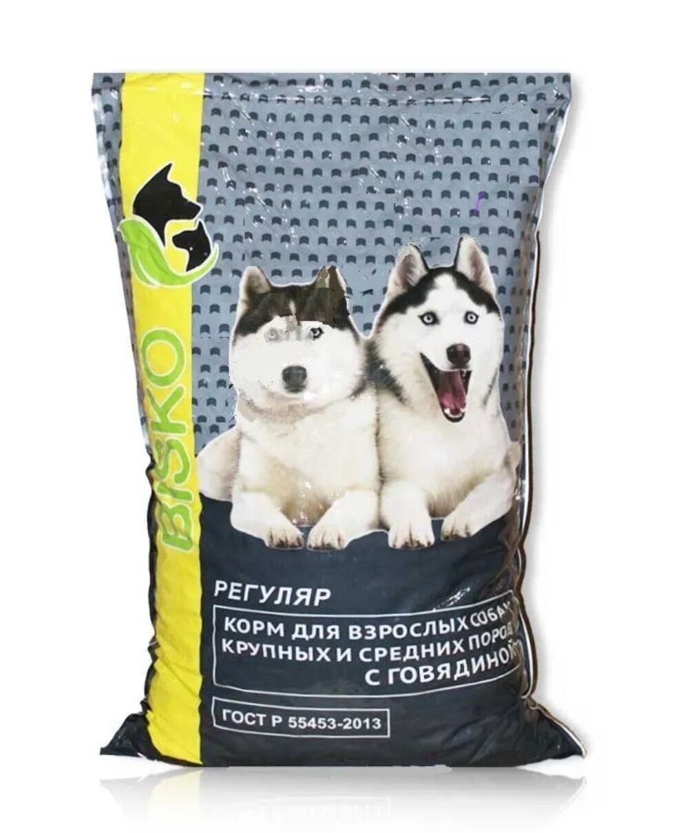 Биско Регуляр с говядиной 15 кг. Корм сухой для взрослых собак крупных и средних пород.