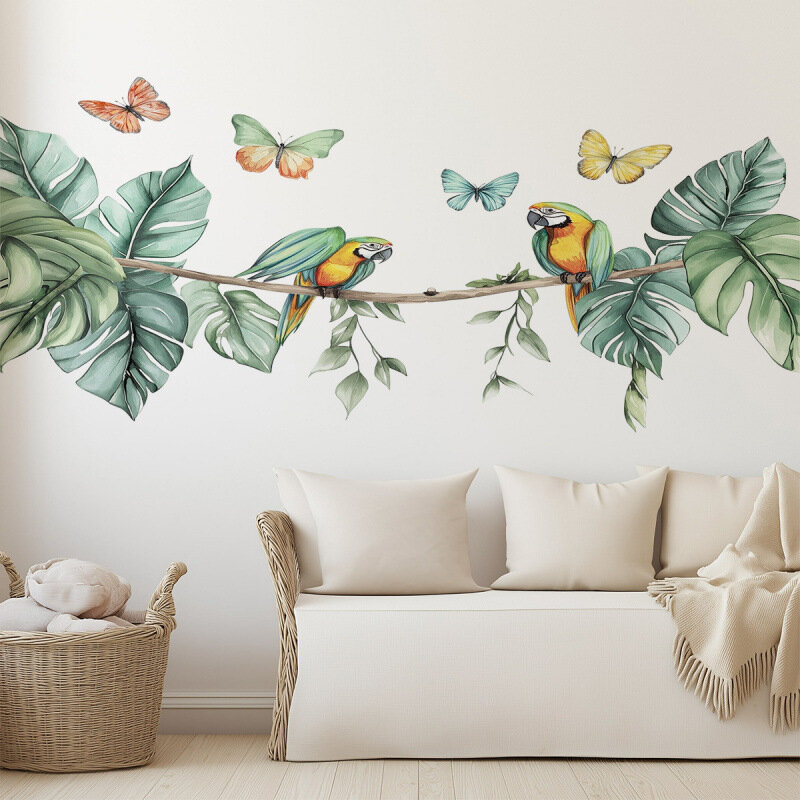 Наклейки на стену с тропическим попугаем, зелеными листьями и бабочками, самоклеящиеся обои из ПВХ для гостиной, спальни, прихожей, домашнего декора
