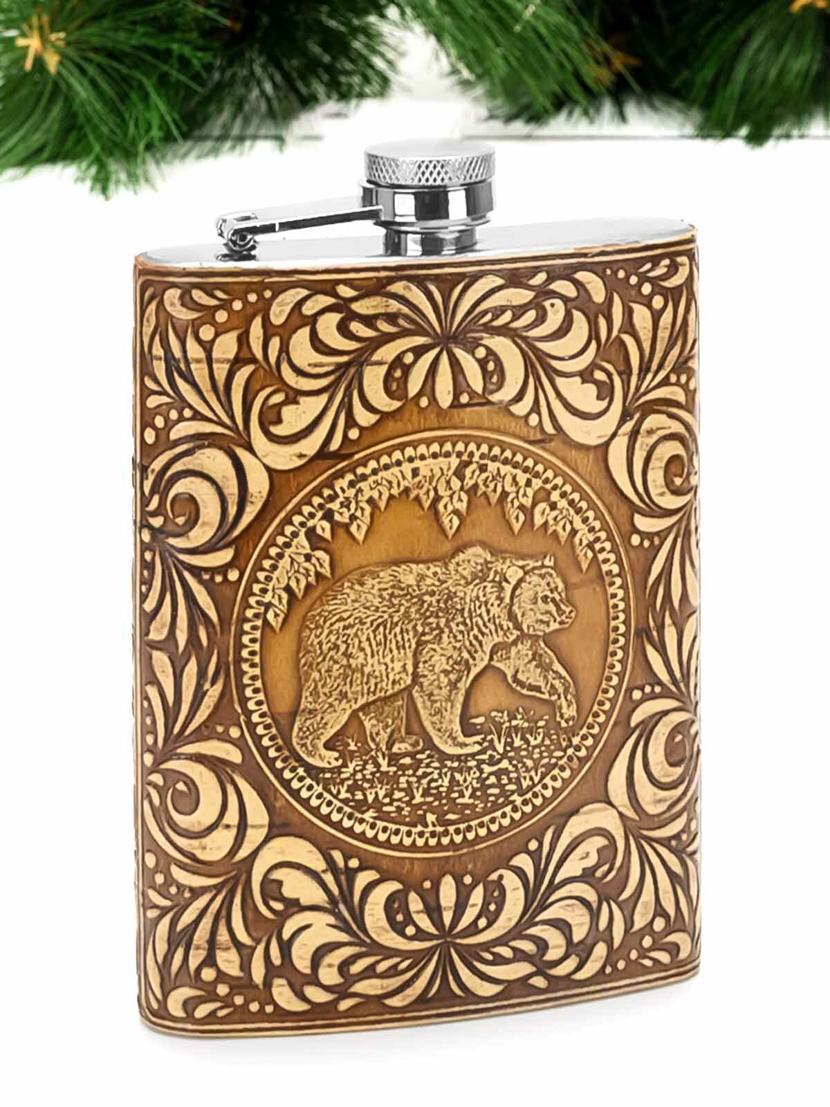 Фляжка - Мишка, Нержавейка, Береста, 240 мл / 80Z