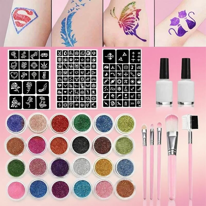 Набор для полуперманентной блестящей татуировки на лице, теле, ногтях и сценическом макияже, включающий 12 цветов (24 коробки), 120 трафаретов, кисти и клей