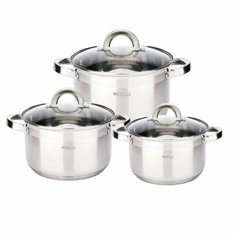 KELLI KL-4726, Набор посуды из 6-ти предметов: 2,1л; 2,8л; 3,8л, со стеклянными крышками
