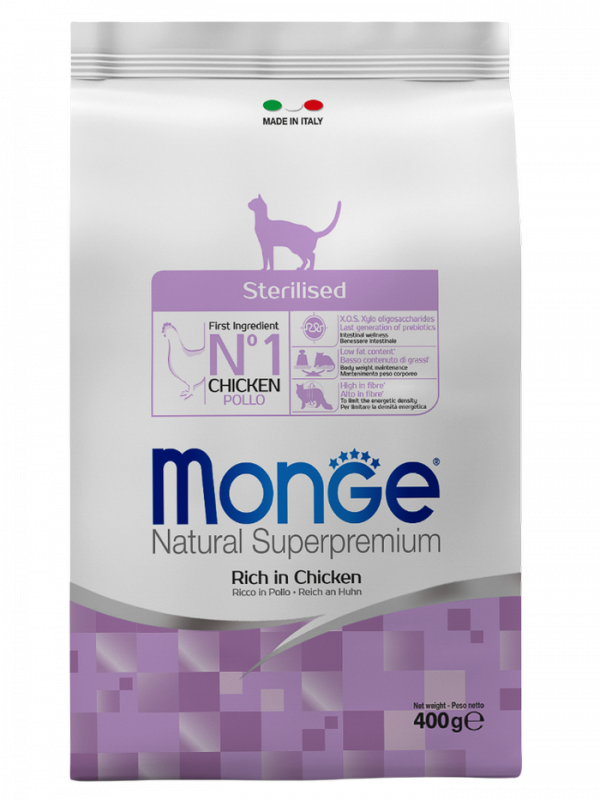 Сухой корм MONGE SUPERPREMIUM CAT STERILISED для стерилизованных взрослых кошек с курицей, 400 гр